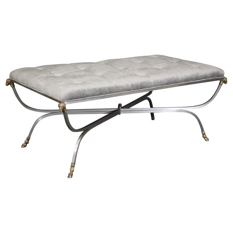 Maison Jansen Rams Head Brass and Brushed Steel Tufted Bench Ottoman ...