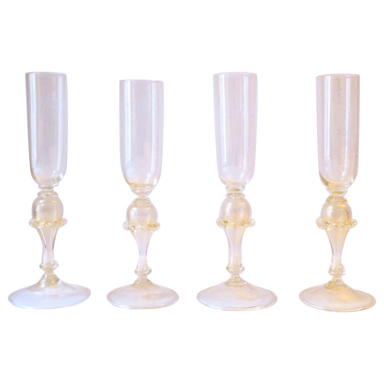 Italian Murano Venetian Gold Art Glass Champagne Flutes, Set of 4 For ...
