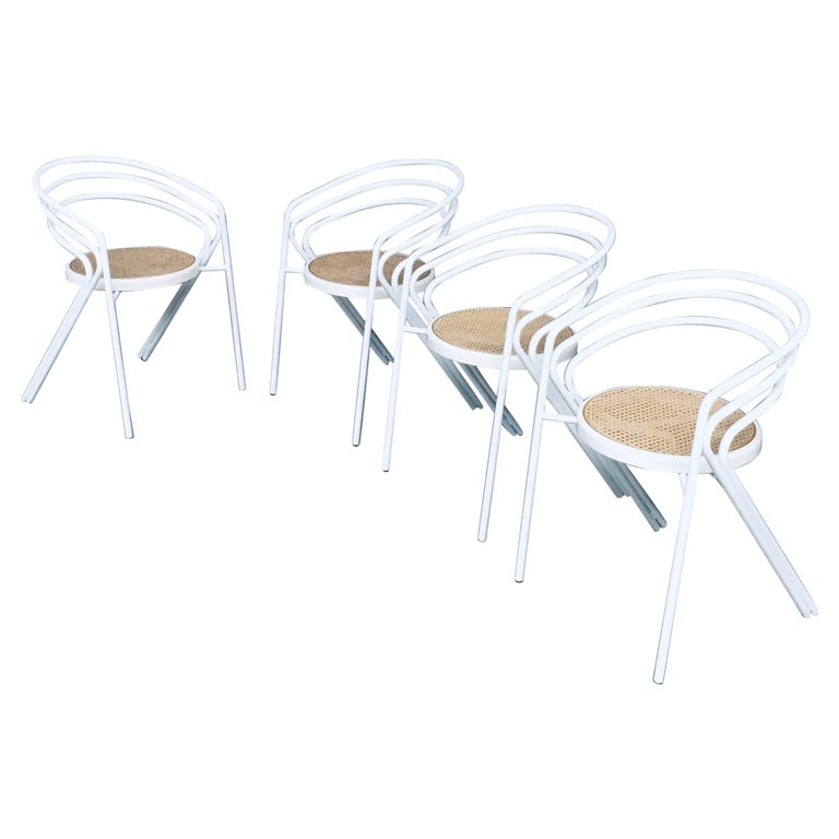 Italian 1970s Design White Metal and Webbing Chair Set For Sale at 1stDibs