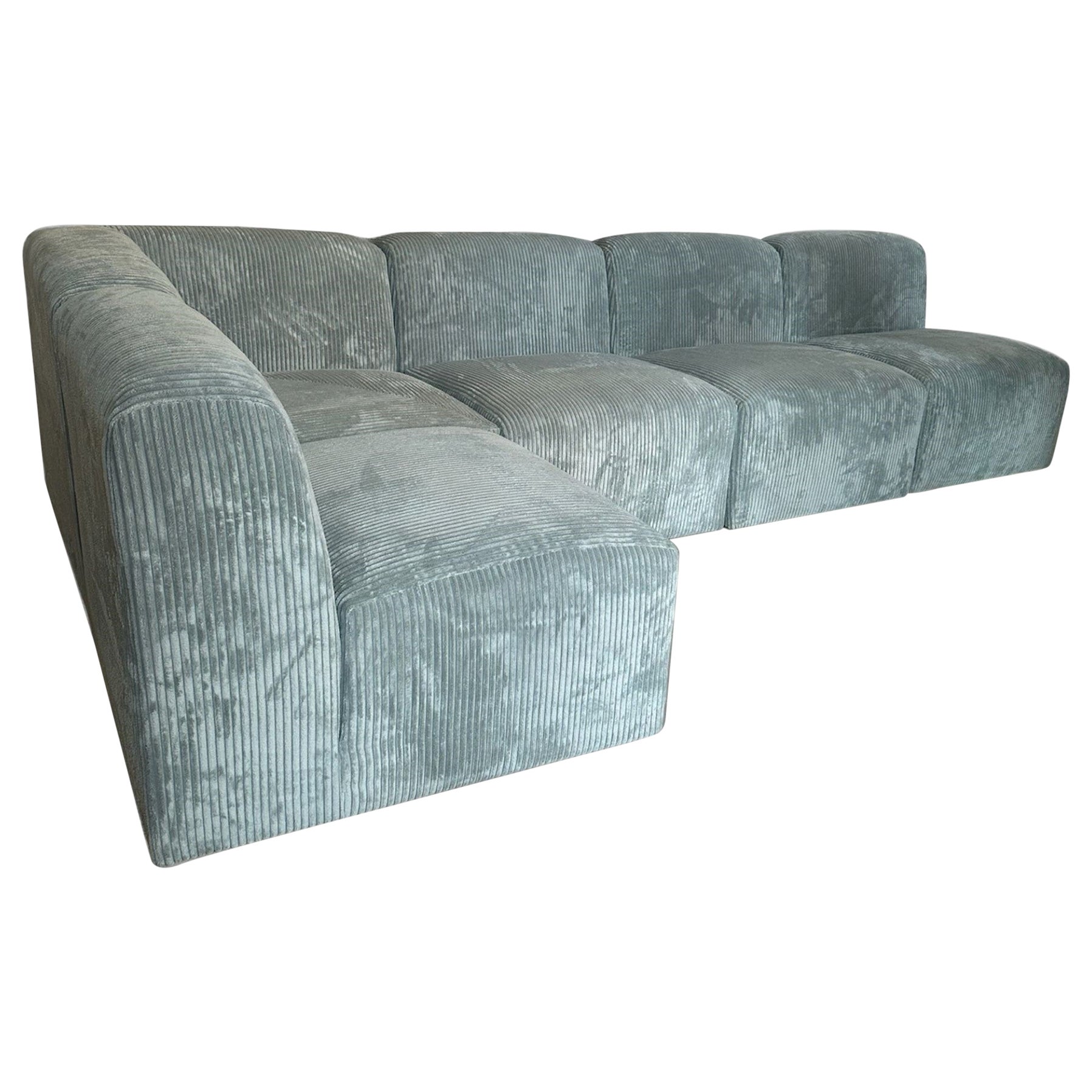 Modular Italina Modern Sofa from the 70s, in Teal Ribbed Fabric with 5 ...