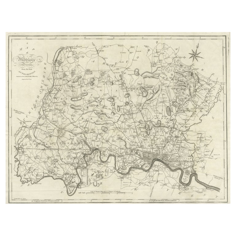 Large Antique County Map of Middlesex, England For Sale at 1stDibs