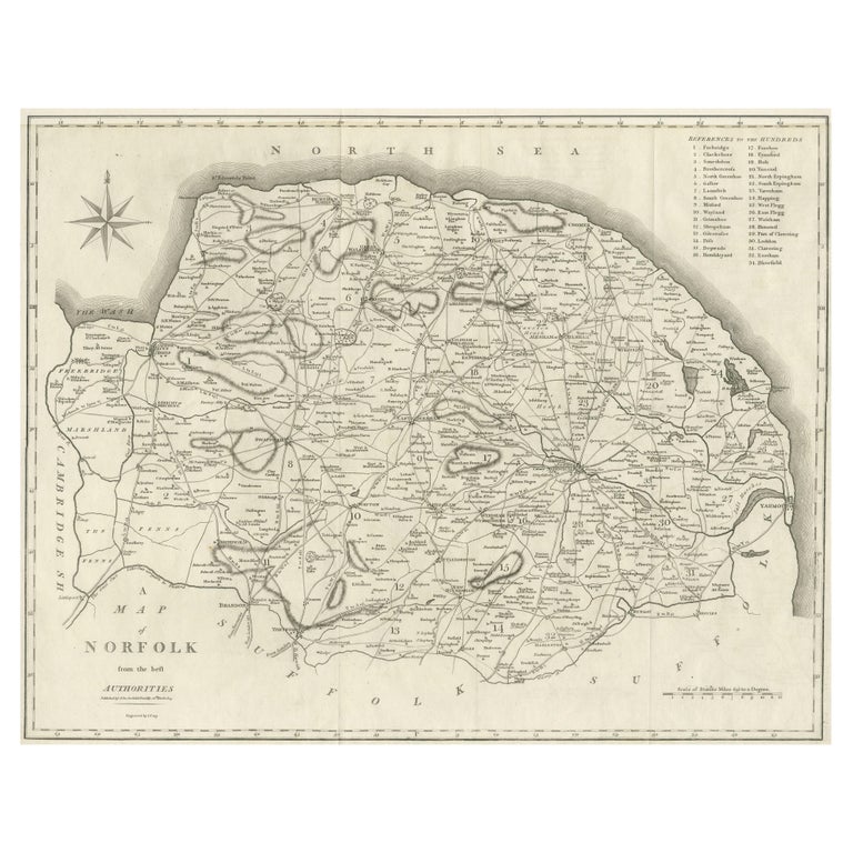 Large Antique County Map of Norfolk, England For Sale at 1stDibs