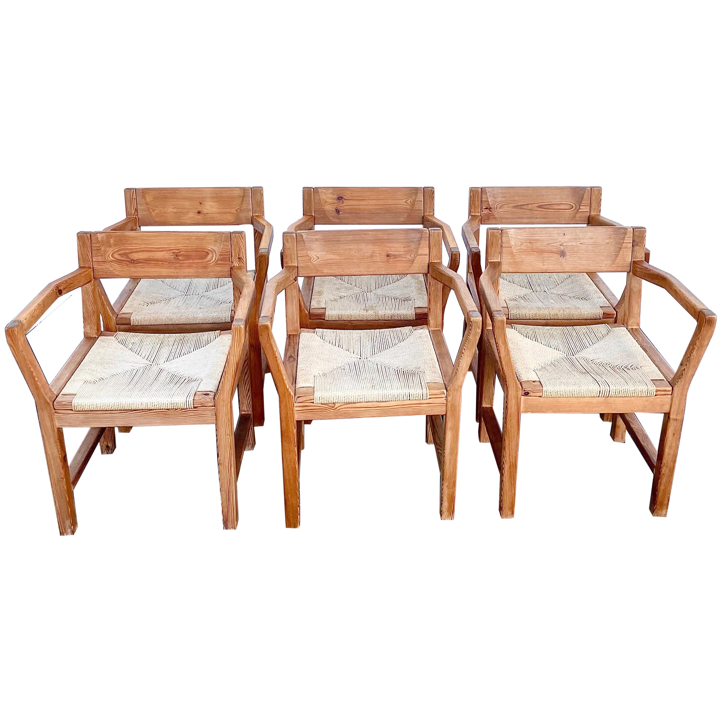 Tage Poulsen Set of 6 Pine and Cord Brutalist Danish Dining Chairs For ...