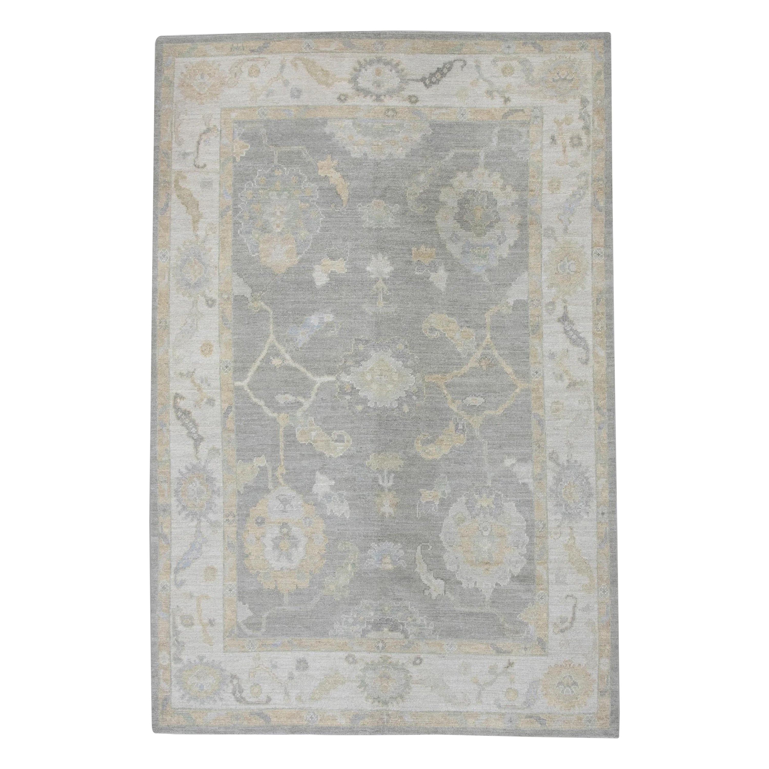 Handwoven Wool Floral Design Turkish Oushak Rug in Periwinkle Blue 5'11 ...