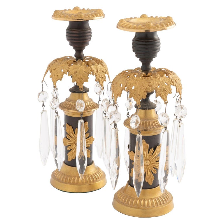 English Regency candlesticks with crystal lusters, 1800 For Sale at 1stDibs