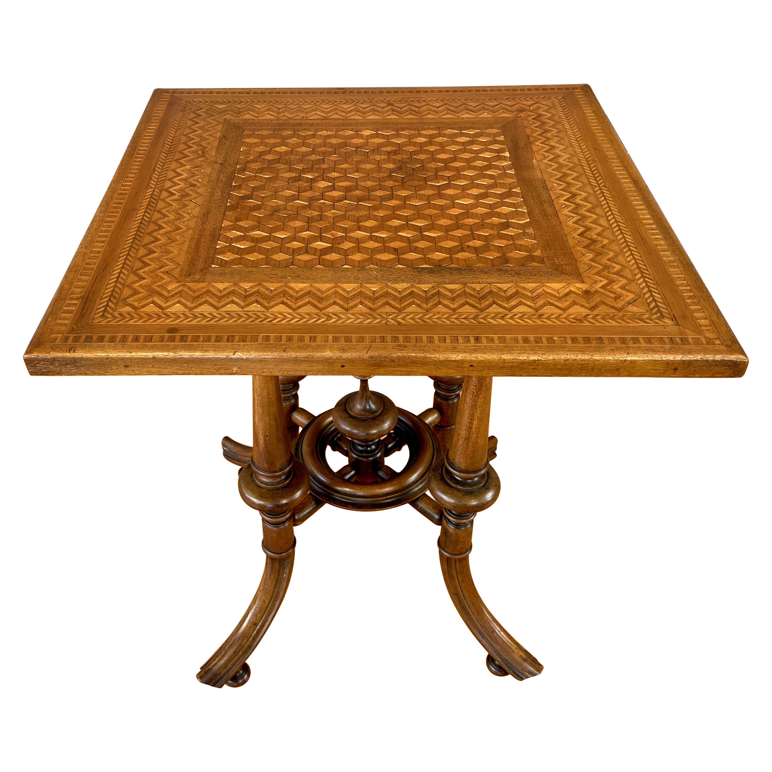 Antique Marquetry-Top Card or Game Table on Turned Wood Base, circa ...