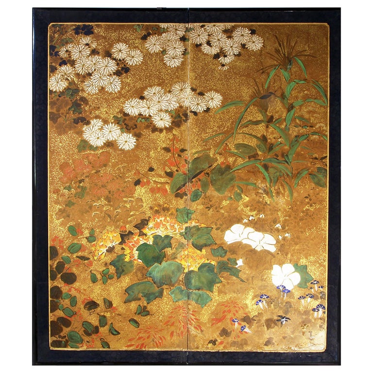 Edo - Japanese Screen Two Panels Hand Painted For Sale at 1stDibs