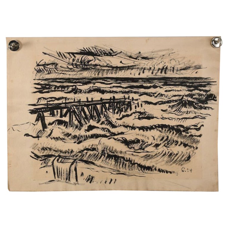 Ink Drawing, Coastline with Footbridge, Monogrammed W '24. 1H181 For ...