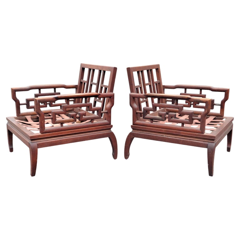 Pair Asian Ming Style Carved Teak Lounge Chairs For Sale at 1stDibs