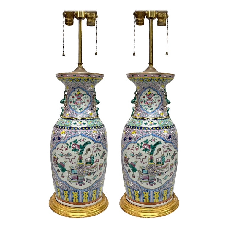 Midcentury Chinese Export Style Famille Rose Pottery / Gilt Table Lamps ...