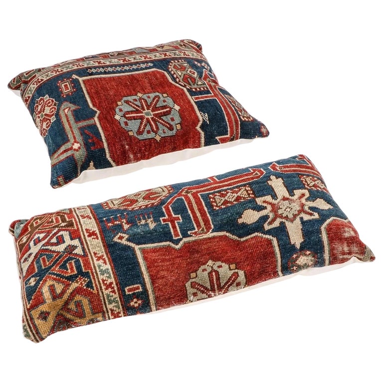 Pair of Antique Caucasian Rug Pillows Lumbar Square For Sale at 1stDibs
