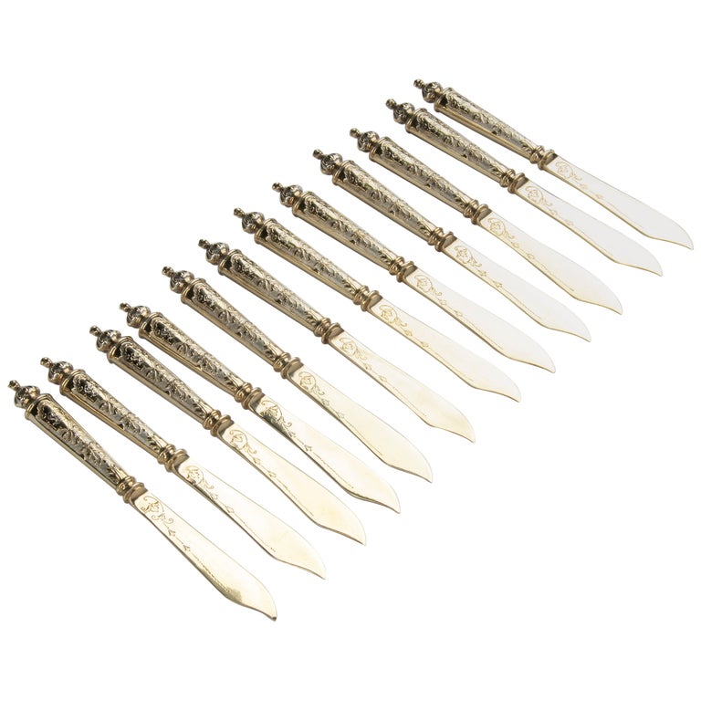 Set of 12 Silver Gilded Butter Knives Dated 1896 For Sale at 1stDibs
