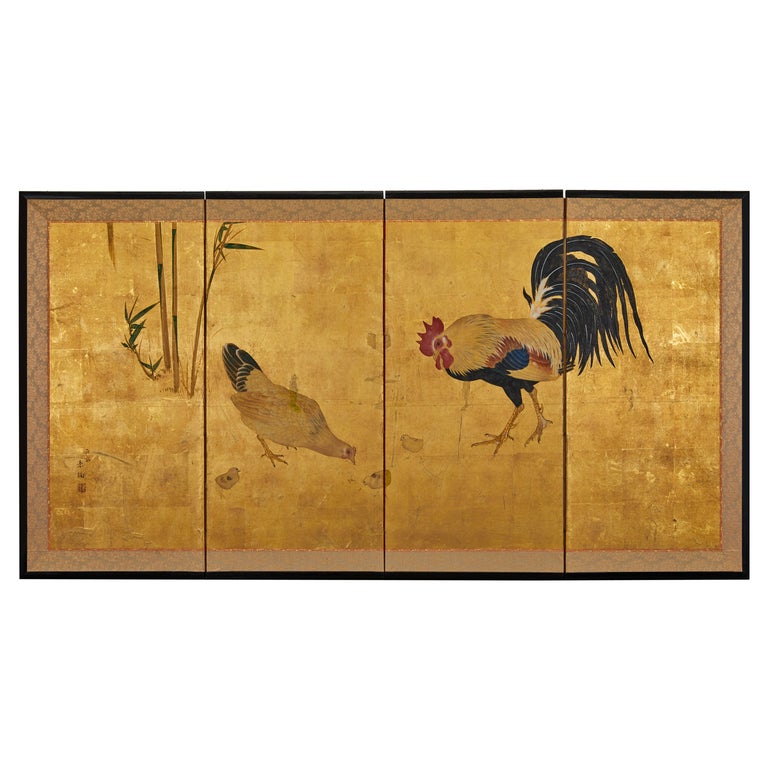 Japanese Four Panel Screen: Family of Chickens For Sale at 1stDibs
