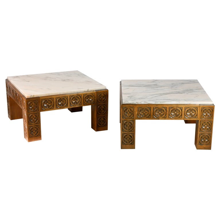 Set of 2 Midcentury Carved Wood and Marble Square Coffee Table from ...