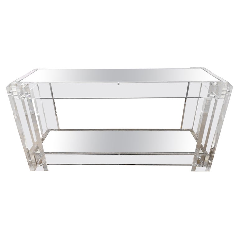 Console moderne à deux niveaux en Lucite avec miroir monté sur chrome ...