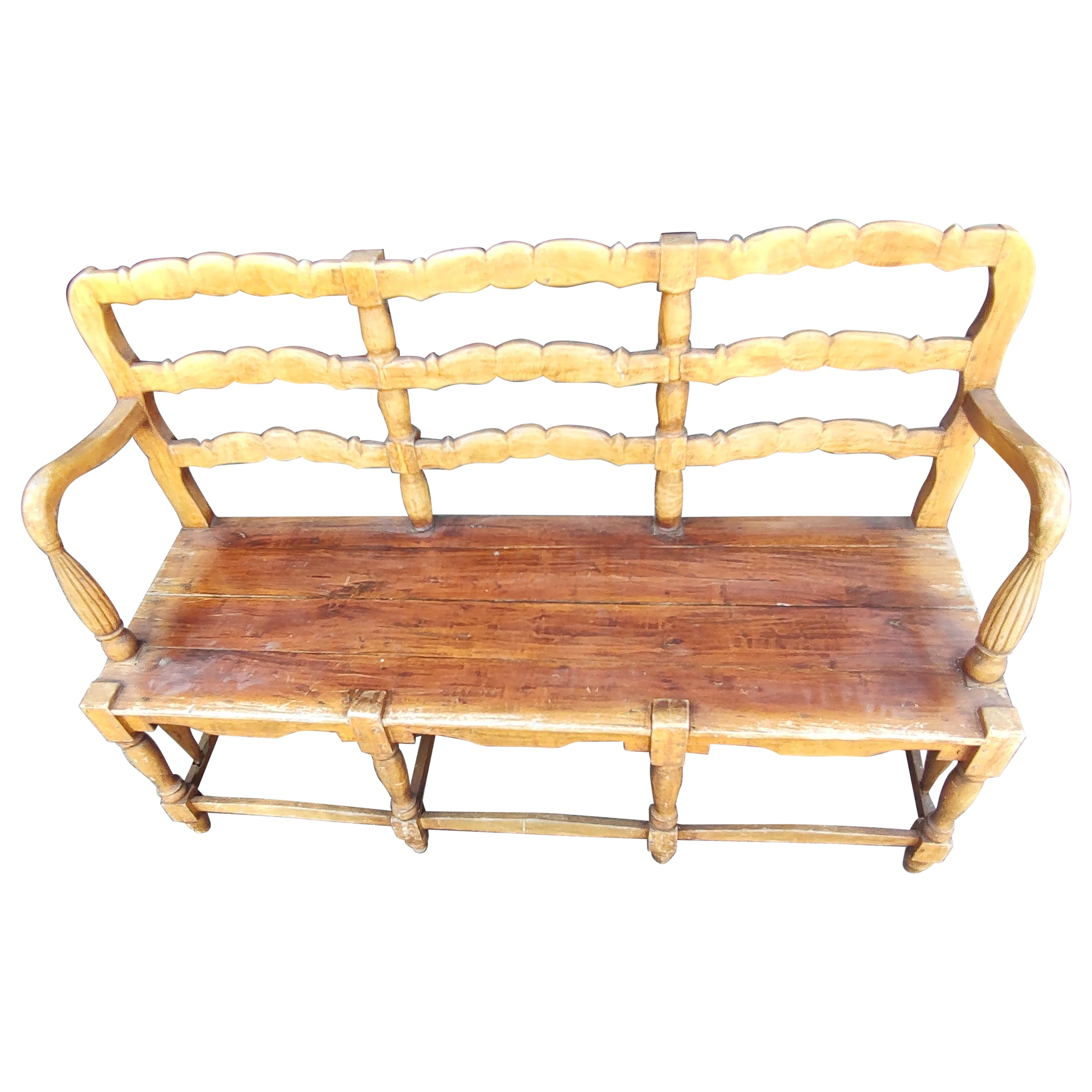 French 19th Century Walnut Bench with Open Ladder Style Back and Rush ...