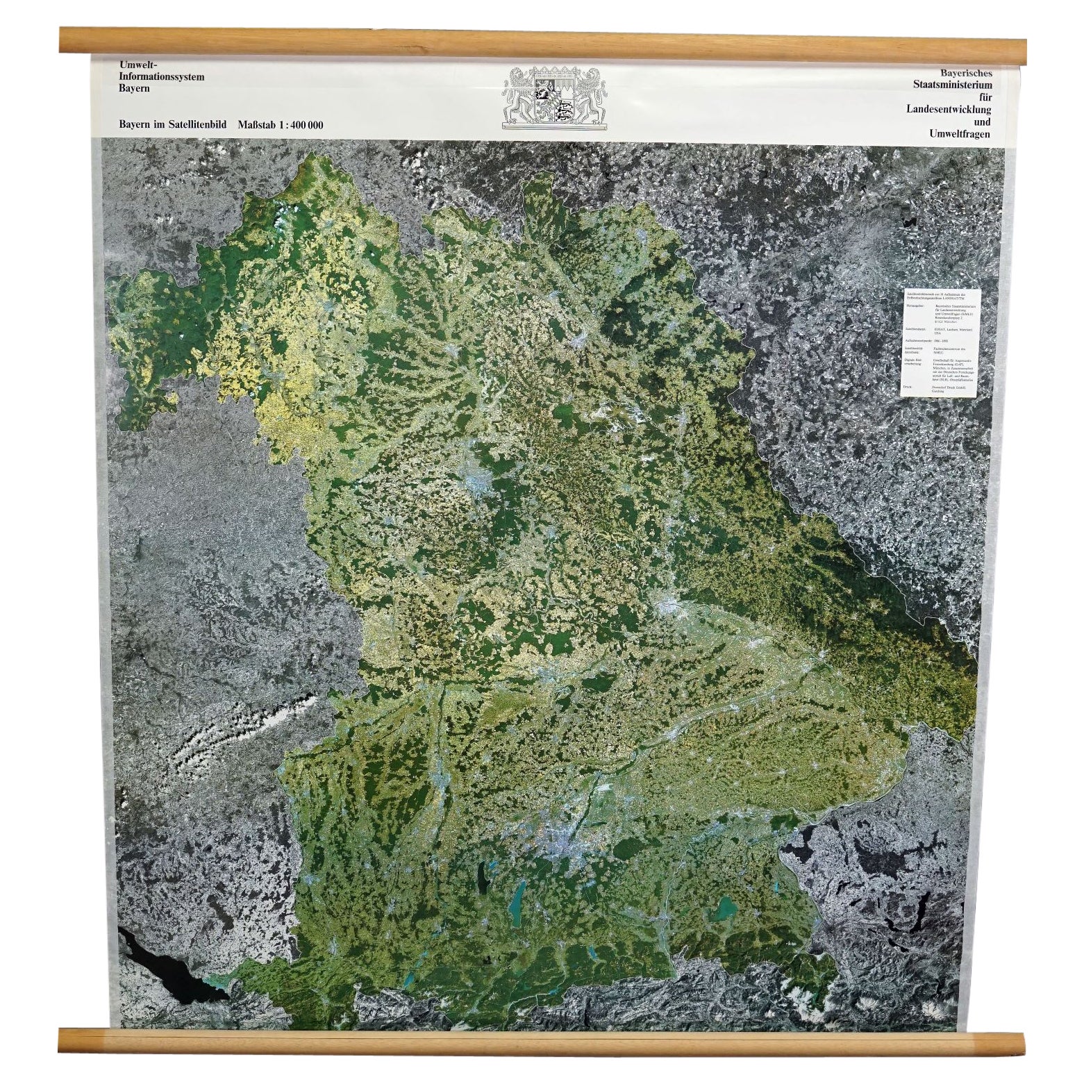 Bavaria in Satellite Image Vintage Mural Rollable Wall Chart Poster ...
