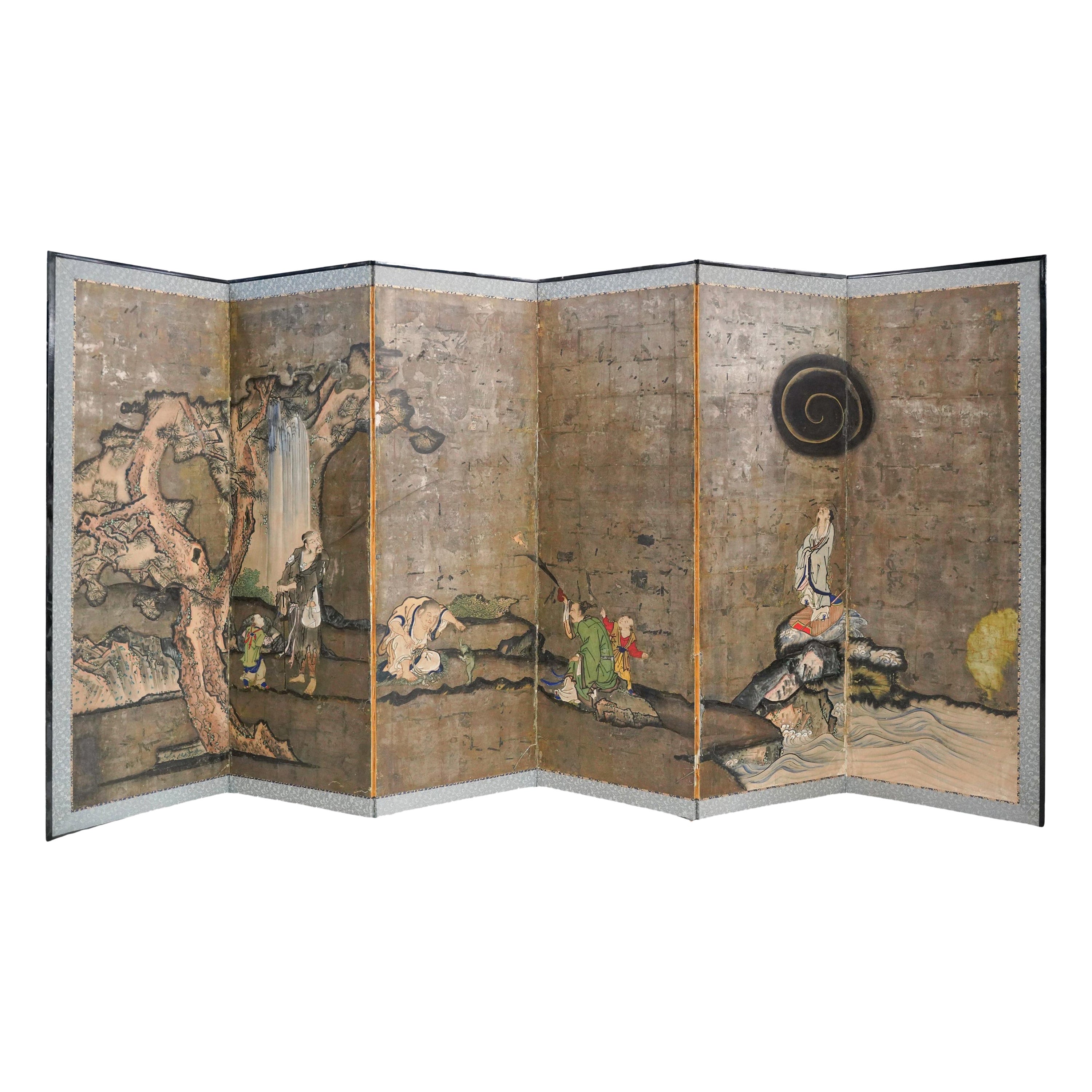 Large Japanese 6-panel byôbu 屏風 (folding screen) with genre painting ...