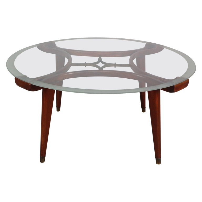 William Watting Brass, Wallnut, Round Glass Coffee Table For Fristho, 1950's For Sale at 1stDibs