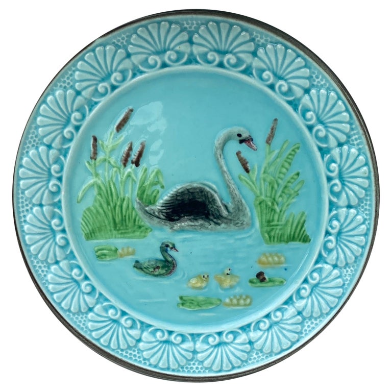19th Century German Majolica Swan Plate Circa 1900 For Sale at 1stDibs