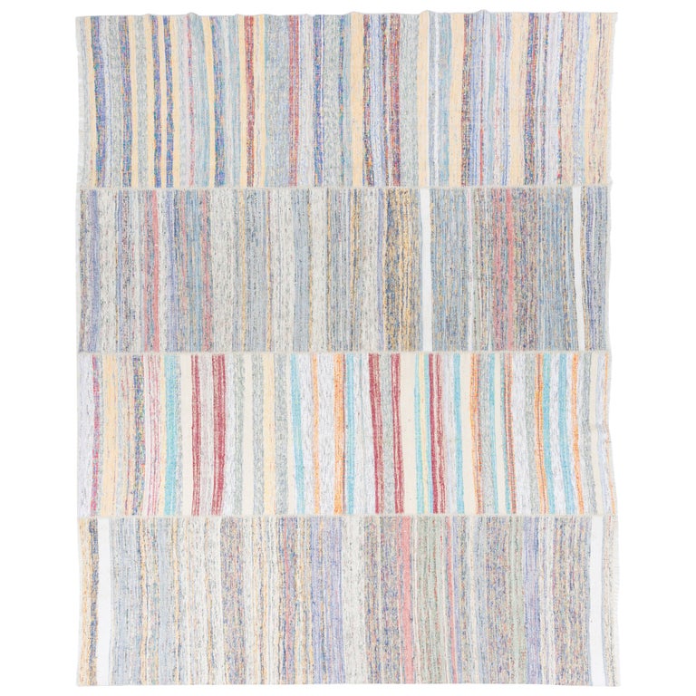 Vintage Cotton Striped Kilim. Handmade Turkish Rag Rug. Flat-Weave For ...