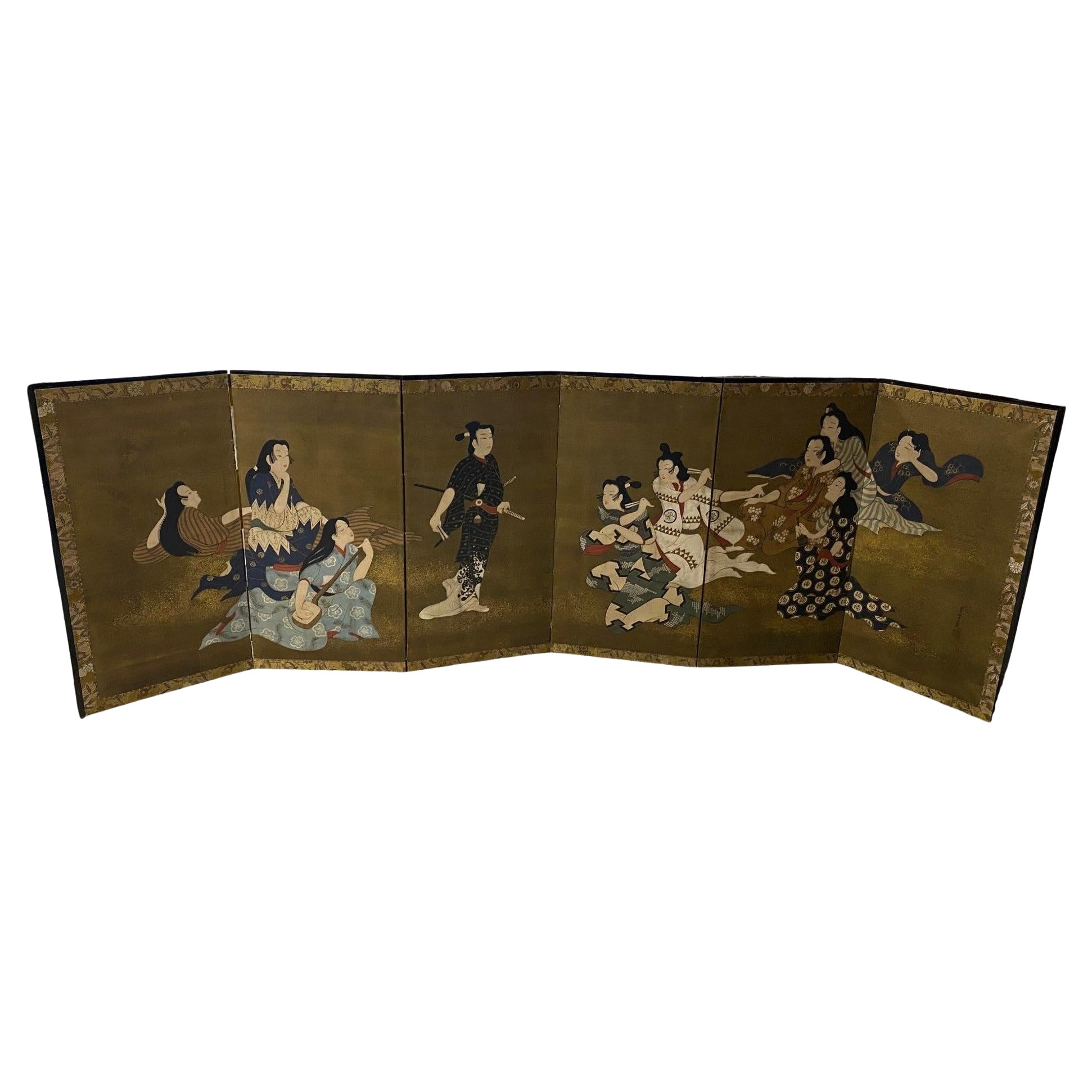 A six-panel folding screen depicting a floral and a naturalistic scene ...