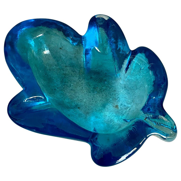 Midcentury Art Glass Turquoise Leaf Ashtray-Catch-all For Sale at 1stDibs