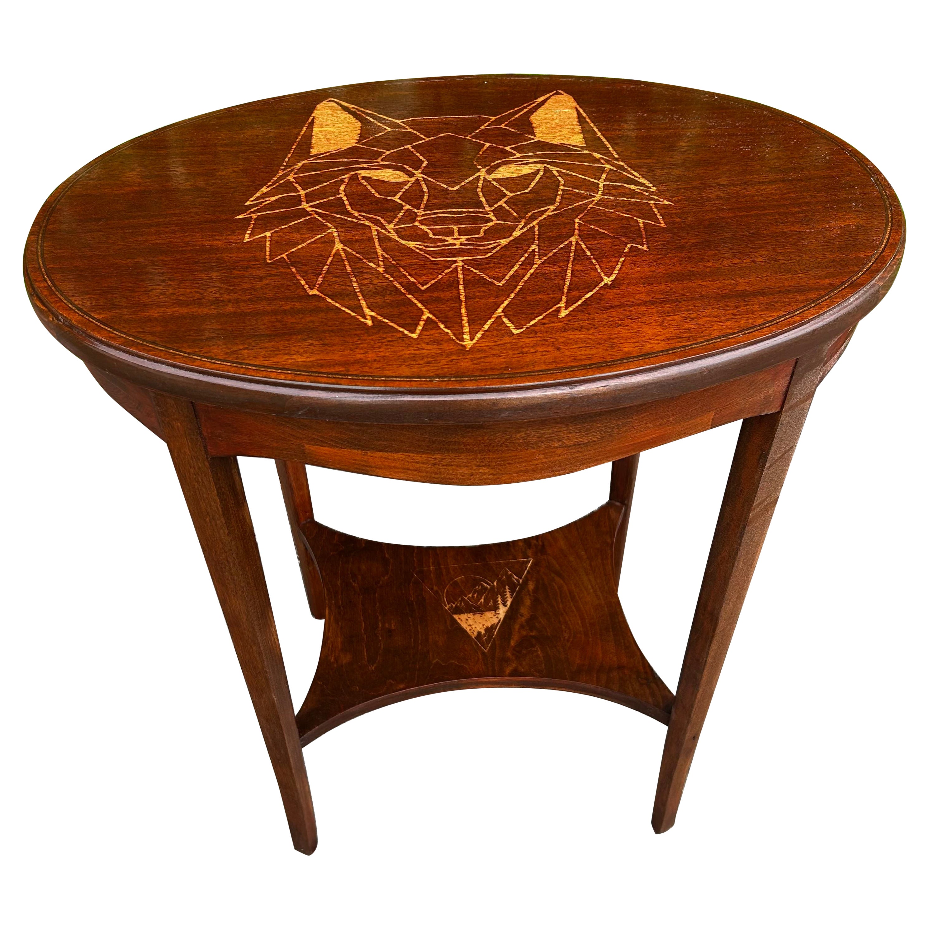 Vintage Oval Wood Side Table with Wolf and Mountain Theme For Sale at ...