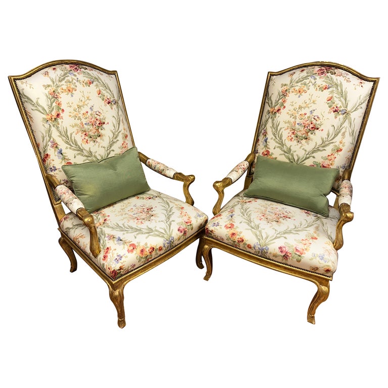 Pair of High Back French Style Gilt Chairs For Sale at 1stDibs