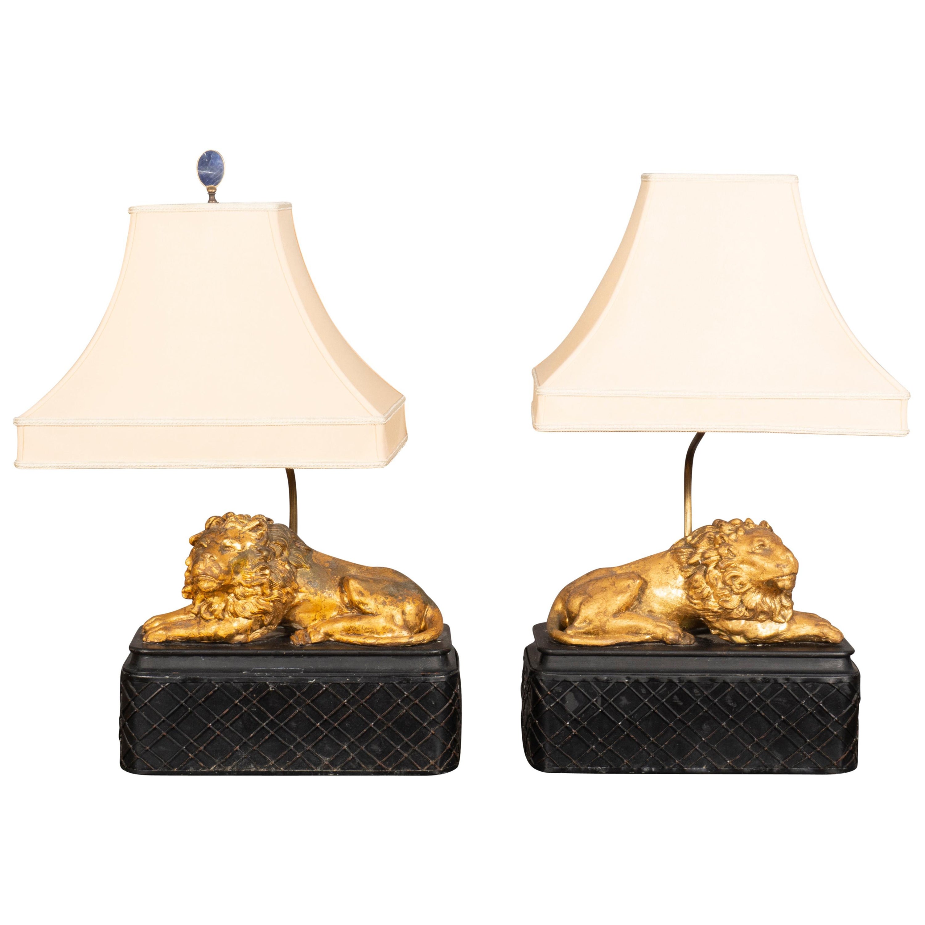 Pair of Wooden Carved Sitting Lion Table Lamps, circa 1880 with Empire ...
