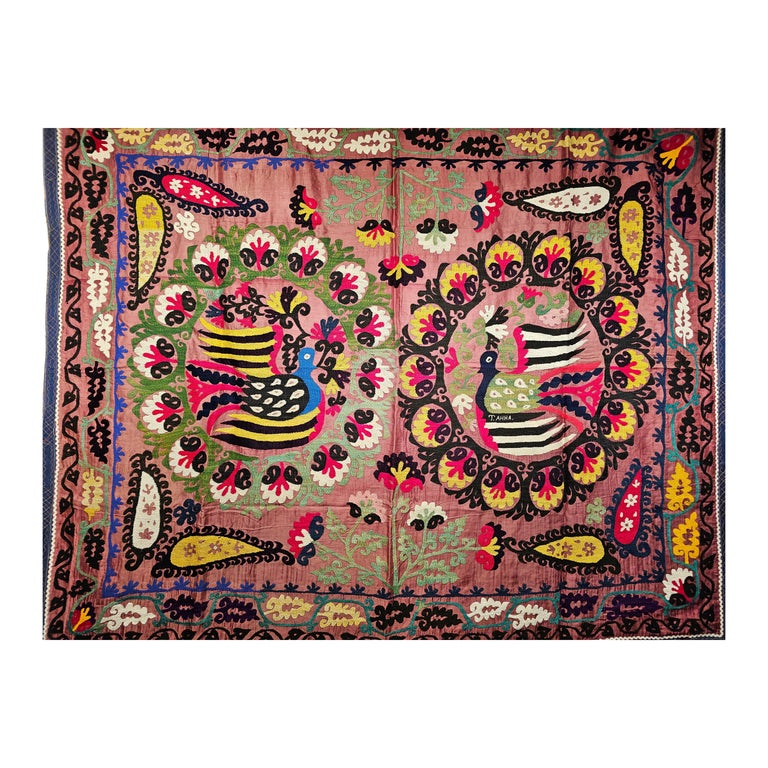 Vintage Silk Suzani Hand Embroidered Tapestry Featuring a Pair of ...