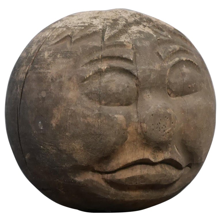 Early 20th Century Folk Art Carved Moon Face Head For Sale at 1stDibs