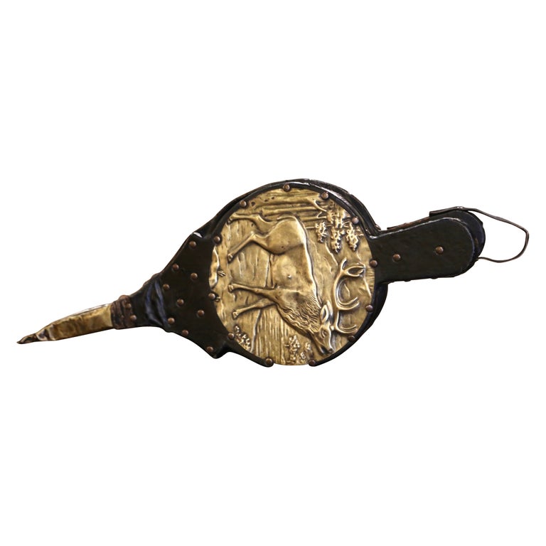 19th Century French Repousse Brass and Leather Fireplace Bellows with ...