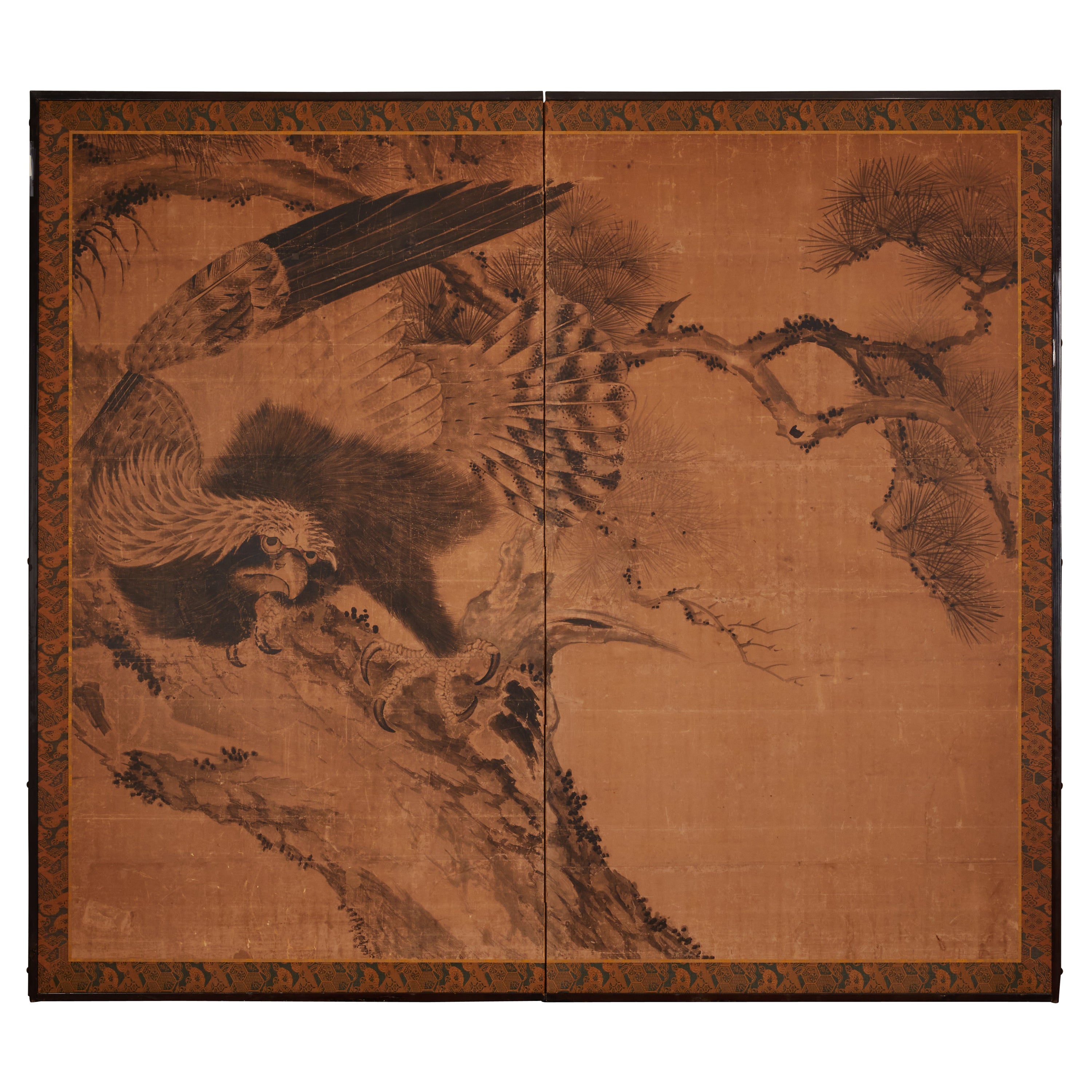 Japanese Two Panel Screen: Hawk Perched in Pine Tree For Sale at 1stDibs