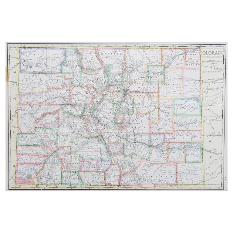 Grande carte ancienne originale du Colorado, États-Unis, datant d ...