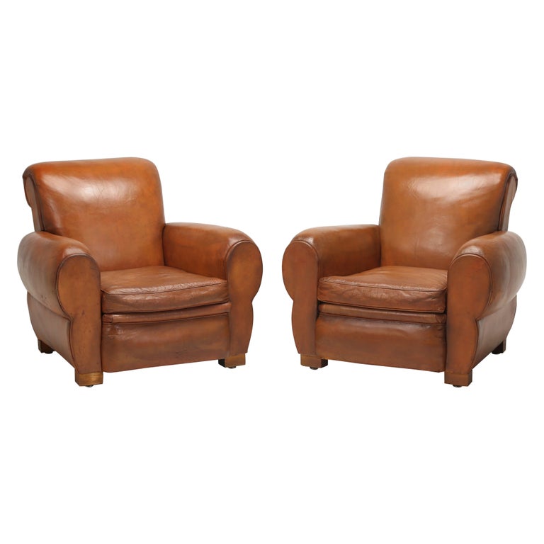 French Leather Club Chairs Art Deco Restored Internally Original Old Leather For Sale at 1stDibs