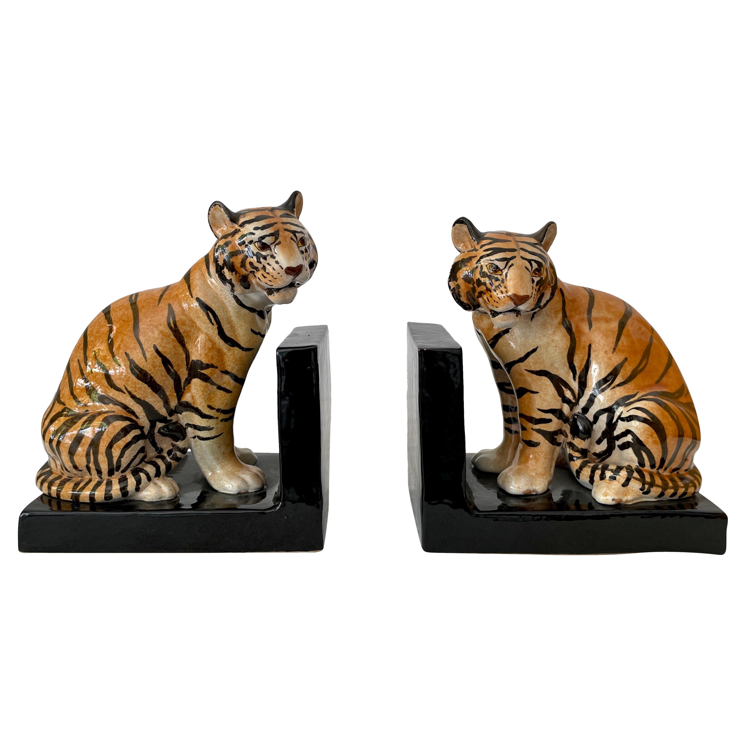Boho Chic Ceramic Tiger Bookends, a Pair For Sale at 1stDibs