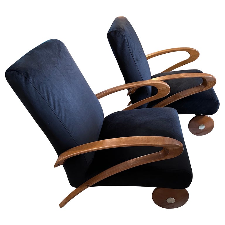 Two Paolo Buffa Style Mid-Century Modern Wood and Black Velvet Italian Armchairs For Sale at 1stDibs
