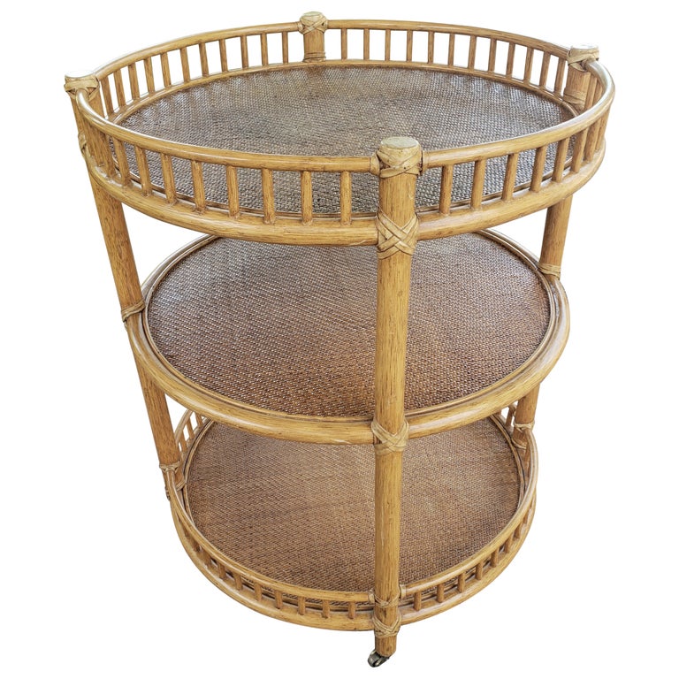 McGuire Three Tier Natural Rattan Bamboo and Leather Rolling Bar Cart ...