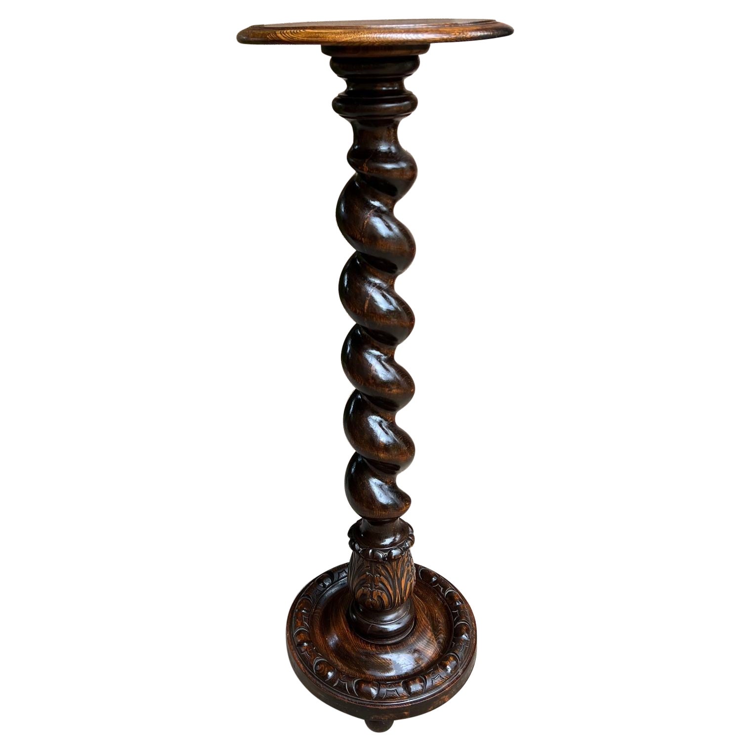 Antique French Pedestal Stand Barley Twist Carved Oak Round Plant ...