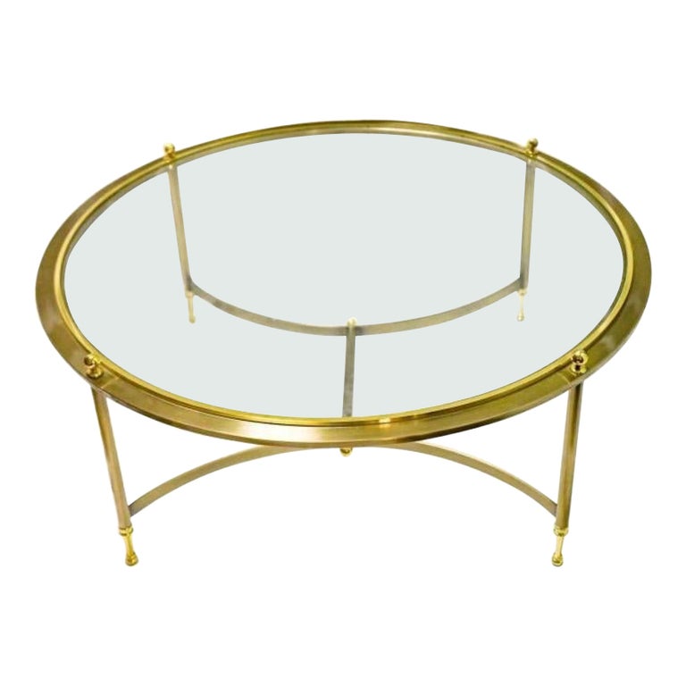 Maison Jansen Style Glass Top Round Coffee Table with Gold Tone Frame For Sale at 1stDibs