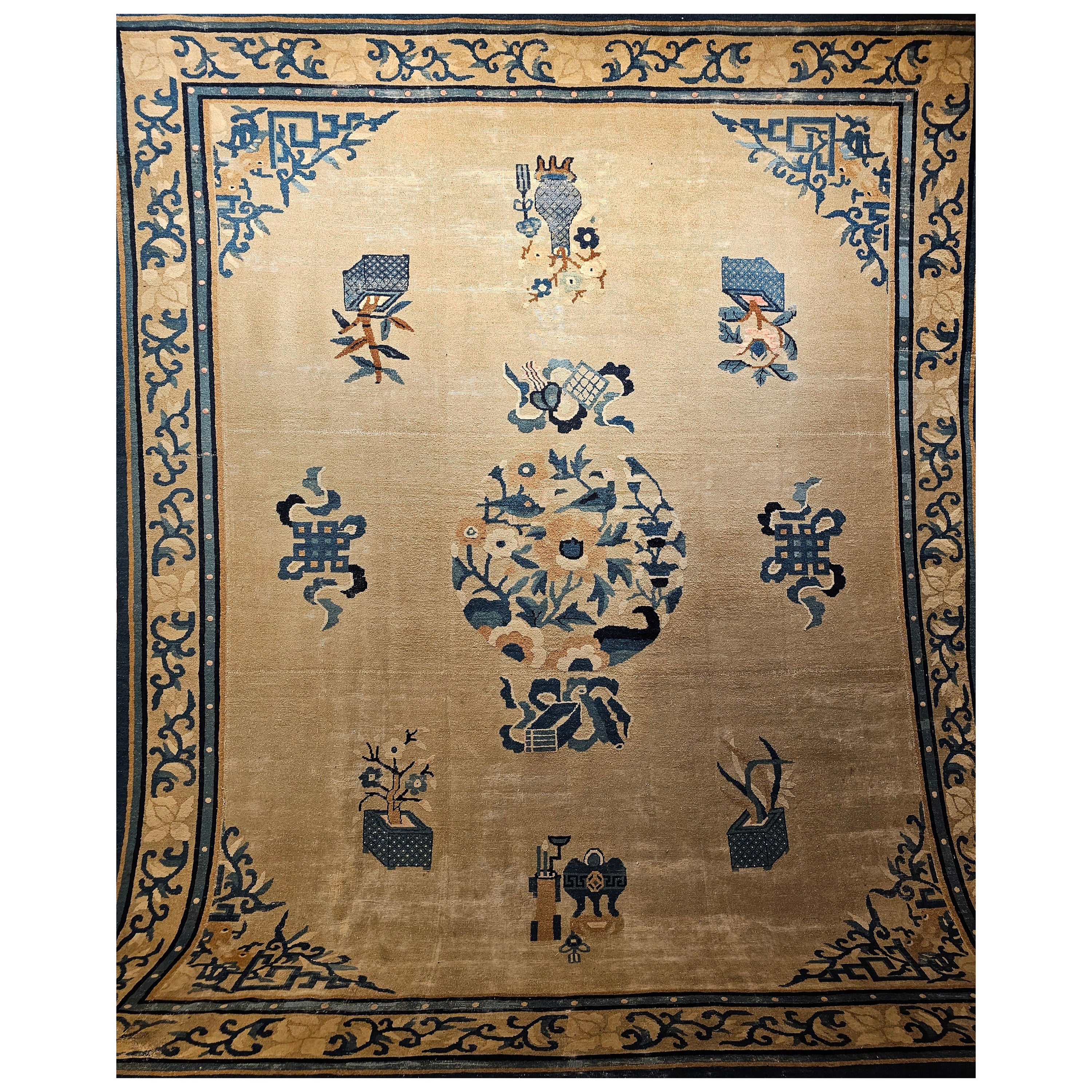 Vintage Tibetan Rug with Lotus Flowers and Cloud Symbols in French Blue ...