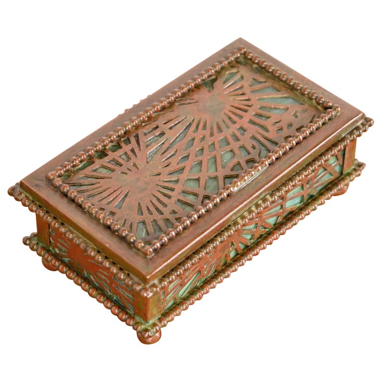 Tiffany Studios New York Pine Needle Bronze and Slag Glass Stamp Box ...