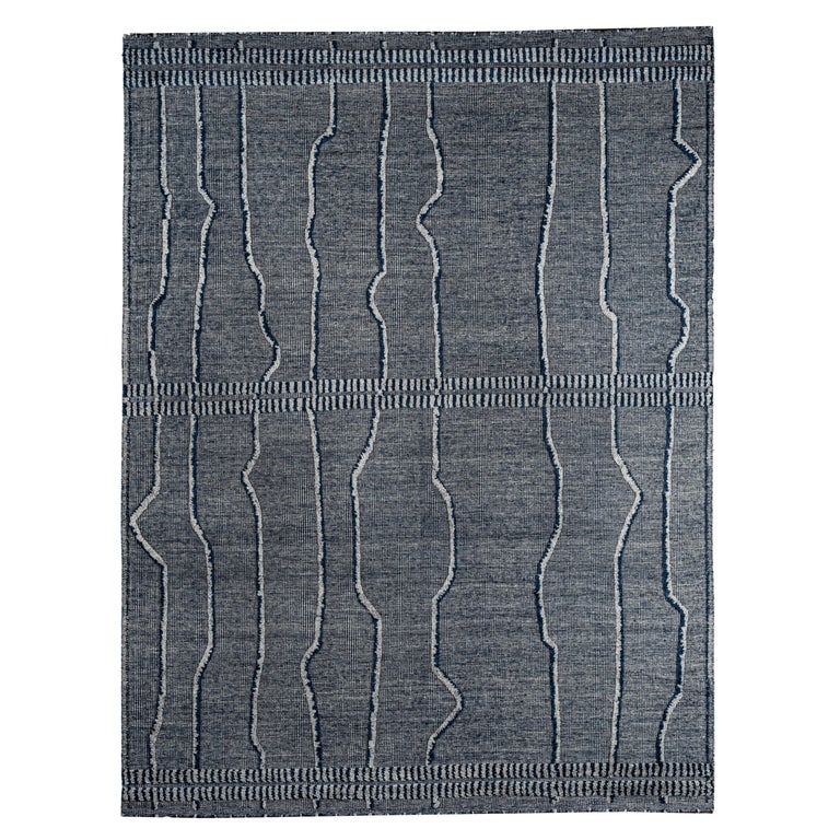 Light Grey and Navy Blue Striped Moroccan Design Area Rug For Sale at ...