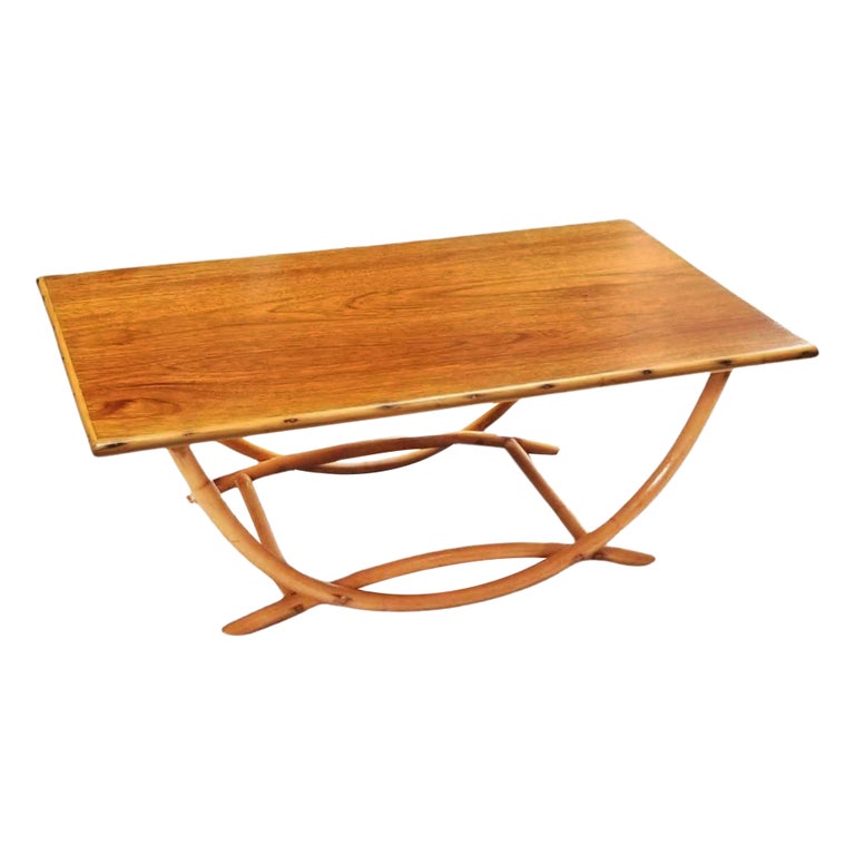 Restored Rattan Coffee Table with Arched Bridge Legs and a Mahogany Top ...