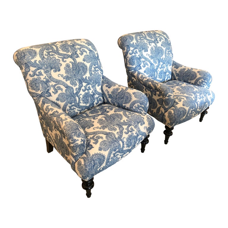 Classic Pair of Blue and White Big Rolled Arm Comfy Club Chairs For ...