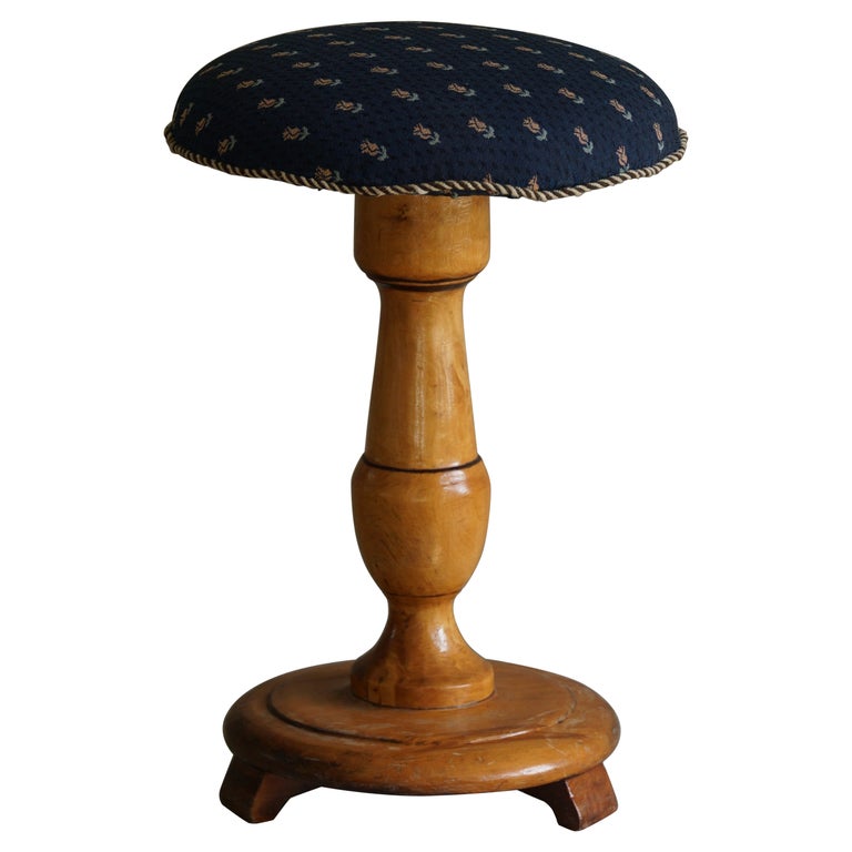 Solid Wooden Stool with Original Fabric, Vintage Scandinavian Modern ...