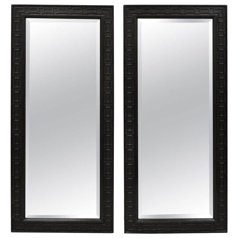 Vintage Chinoiserie Fretwork Solid Wood Frame Rectangular Wall Mirrors - a Pair For Sale at 1stDibs