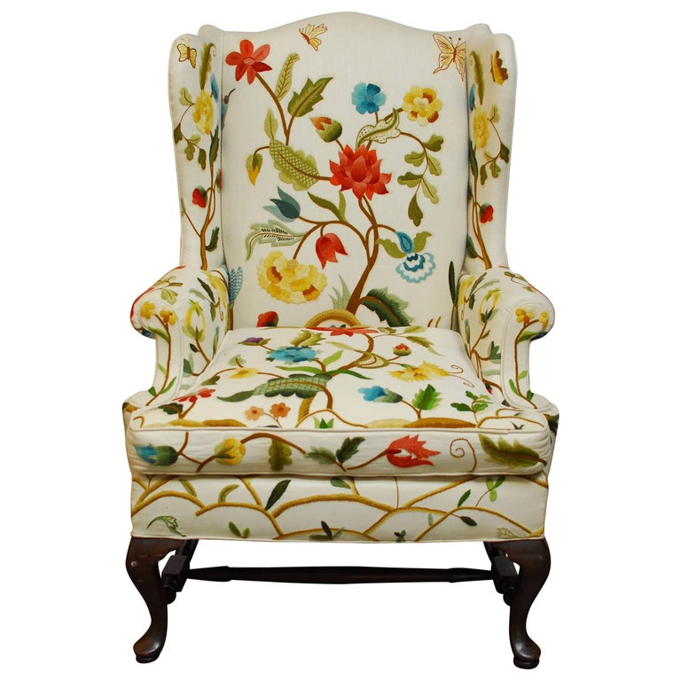 Crewel Work Wingback Chair For Sale at 1stDibs
