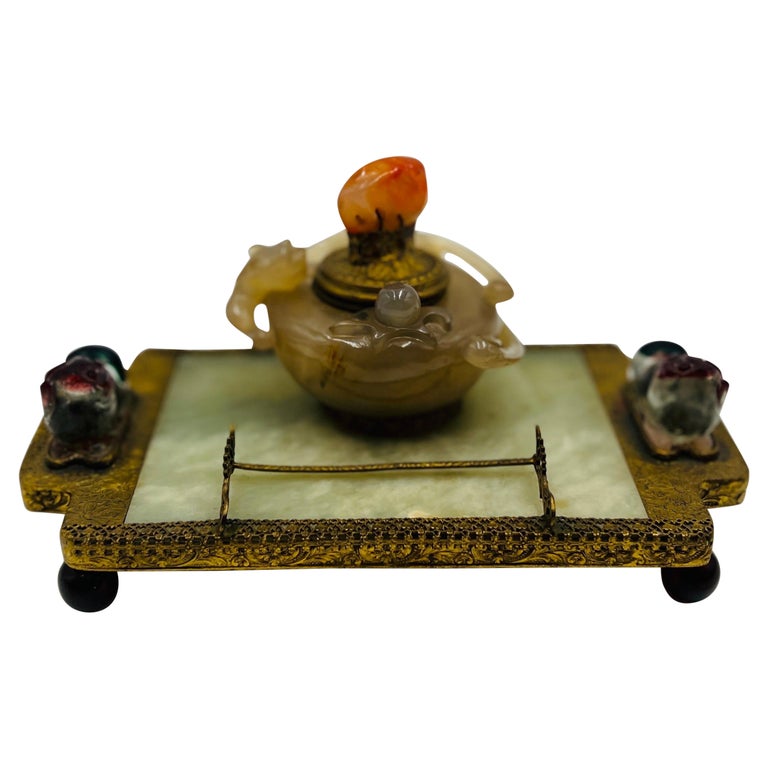 Edward Farmer Chinese Carved Jade and Agate Dragon Inkwell W/ Gold Gilt ...